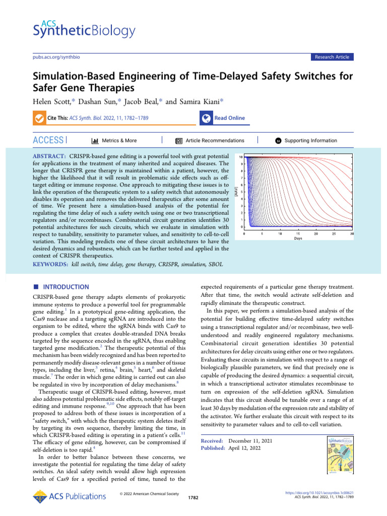 Kiani Et Al 2022 Simulation Based Engineering of Time Delayed Safety Switches for Safer Gene ...