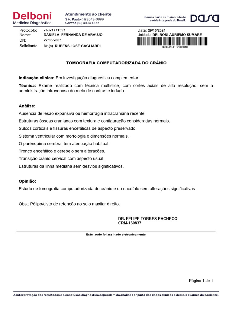 Laudo de Tomografia do Crânio Normal | PDF