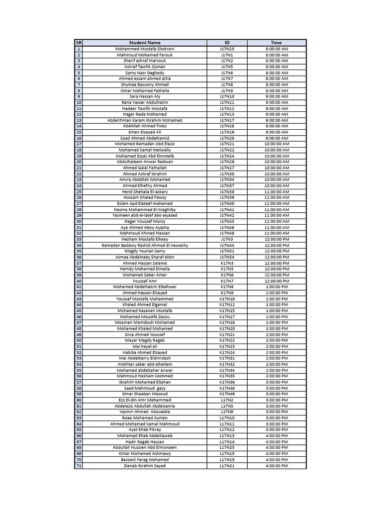 Student Attendance List by Time | PDF