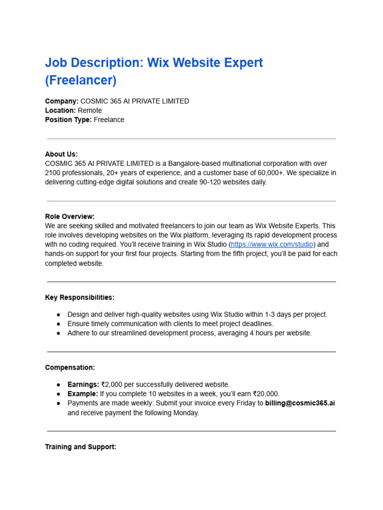 Job Description - Wix Expert Freelancer | PDF | Business