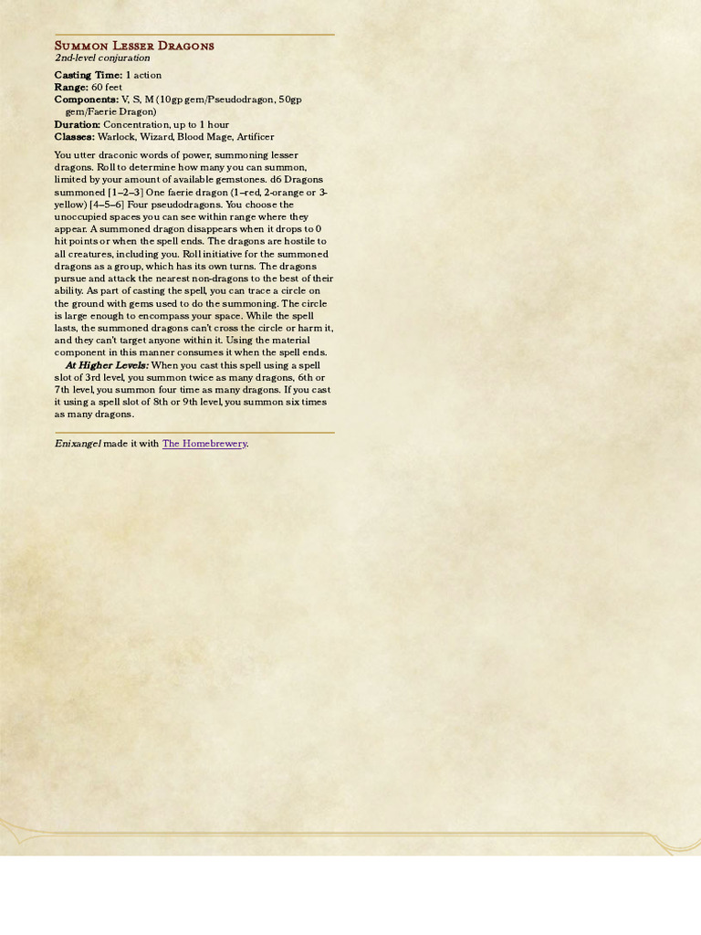 Summon Lesser Dragons - The Homebrewery | PDF