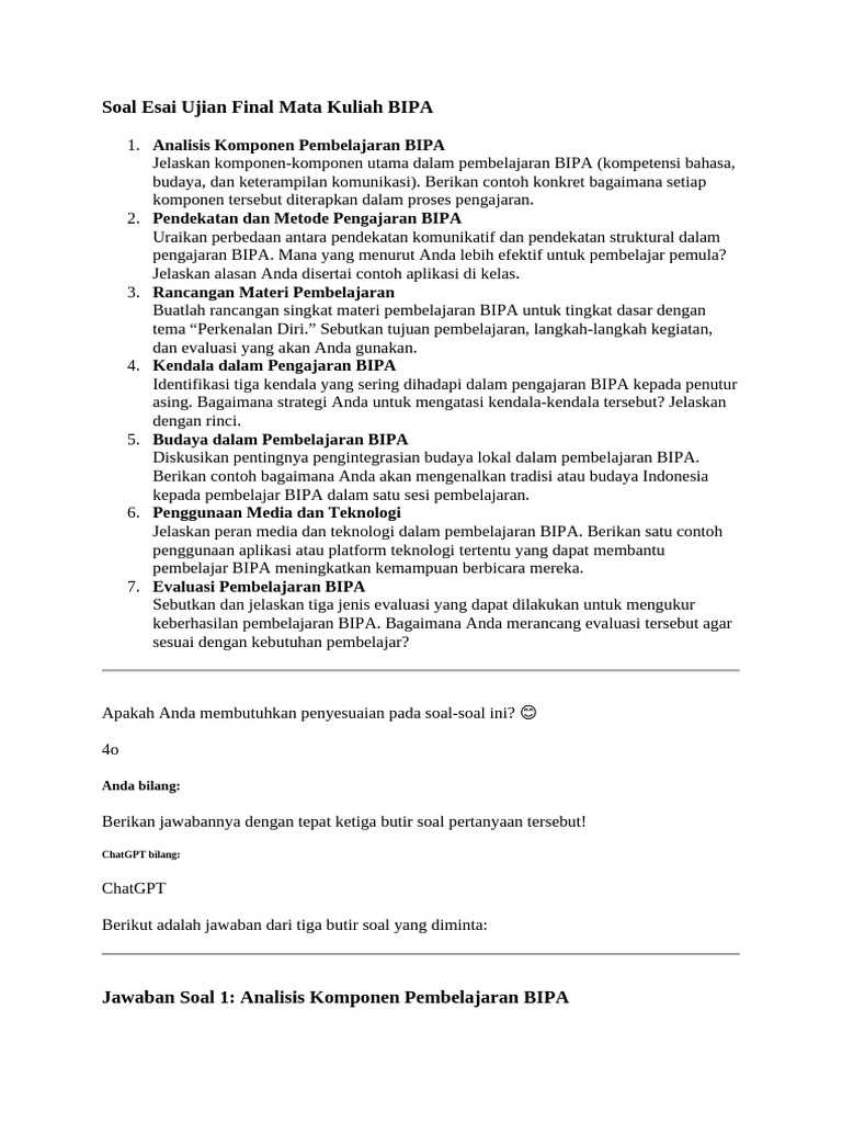 Soal Esai Ujian Final Mata Kuliah BIPA | PDF