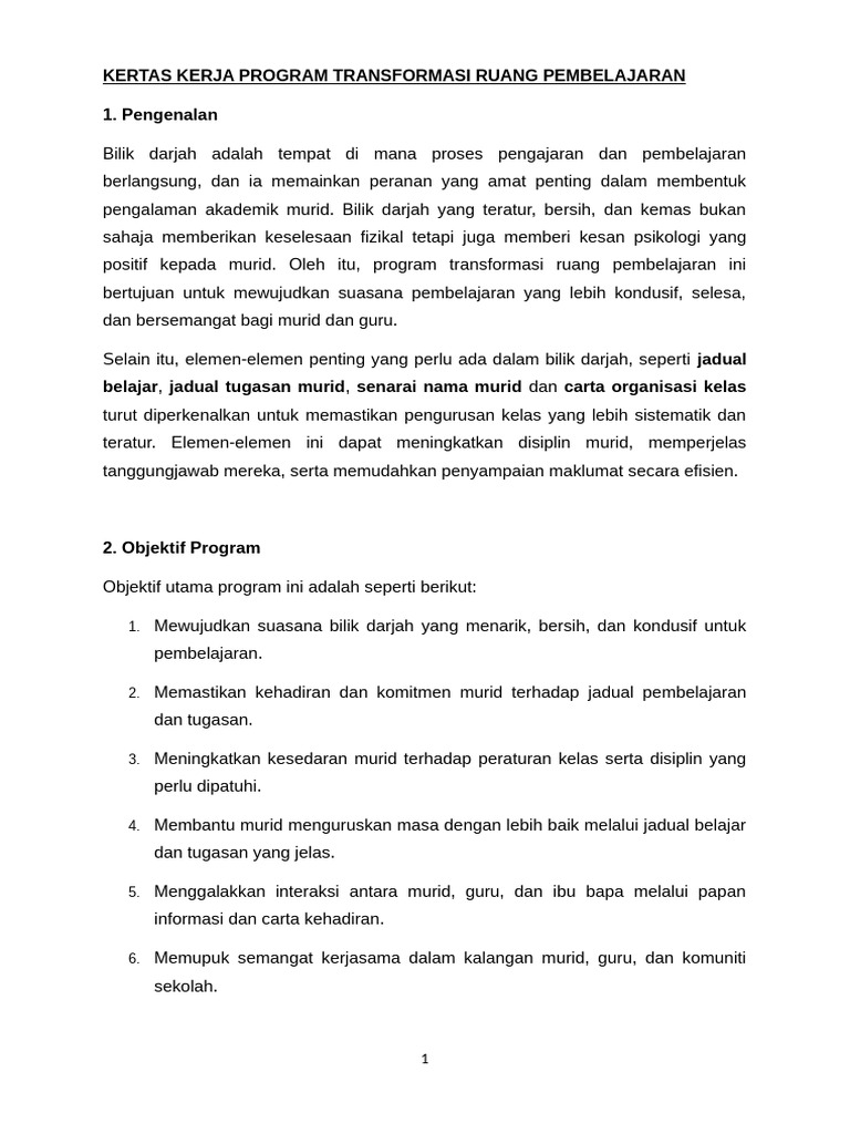Draf Kertas Kerja Program Transformasi Ruang Pembelajaran | PDF