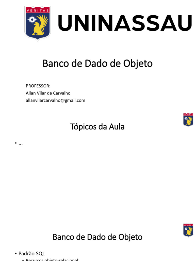 Aula 5 Banco de Dado de Objeto Prof Allan Vilar | PDF | Tabela (banco de dados) | SQL
