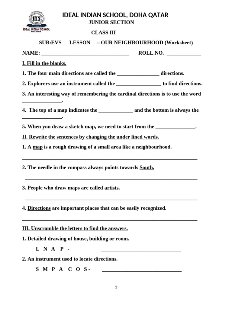 Class 3 Neighbourhood Worksheet | PDF | Compass | Navigation