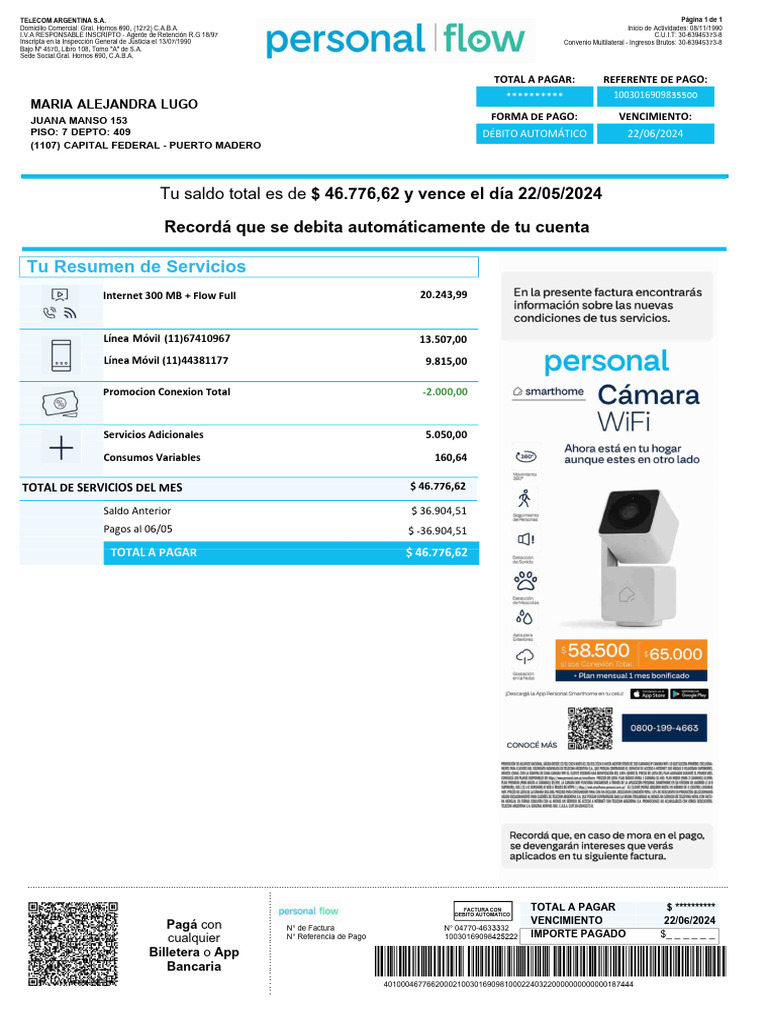 Factura Telecom Argentina: Detalles y Pagos | PDF | Pagos
