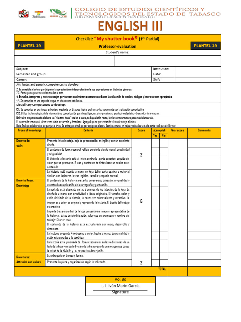 Lista de Cotejo My Shutter Book - 1st Partial - English III | PDF