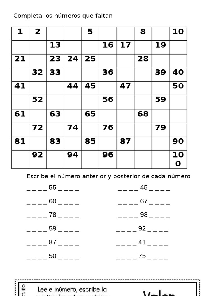 Guia Numeracion 50 Al 100 | PDF