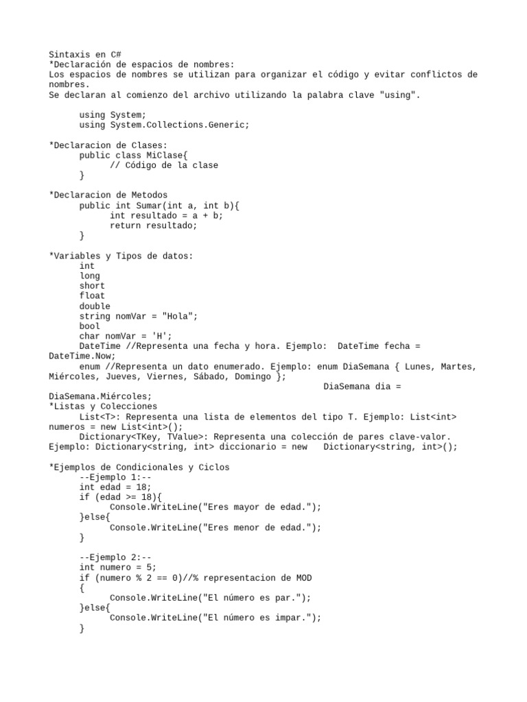 Sintaxis en C# | PDF | C Sharp (lenguaje de programación) | Paradigmas ...
