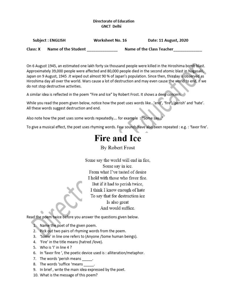 Fire and Ice Worksheet | PDF