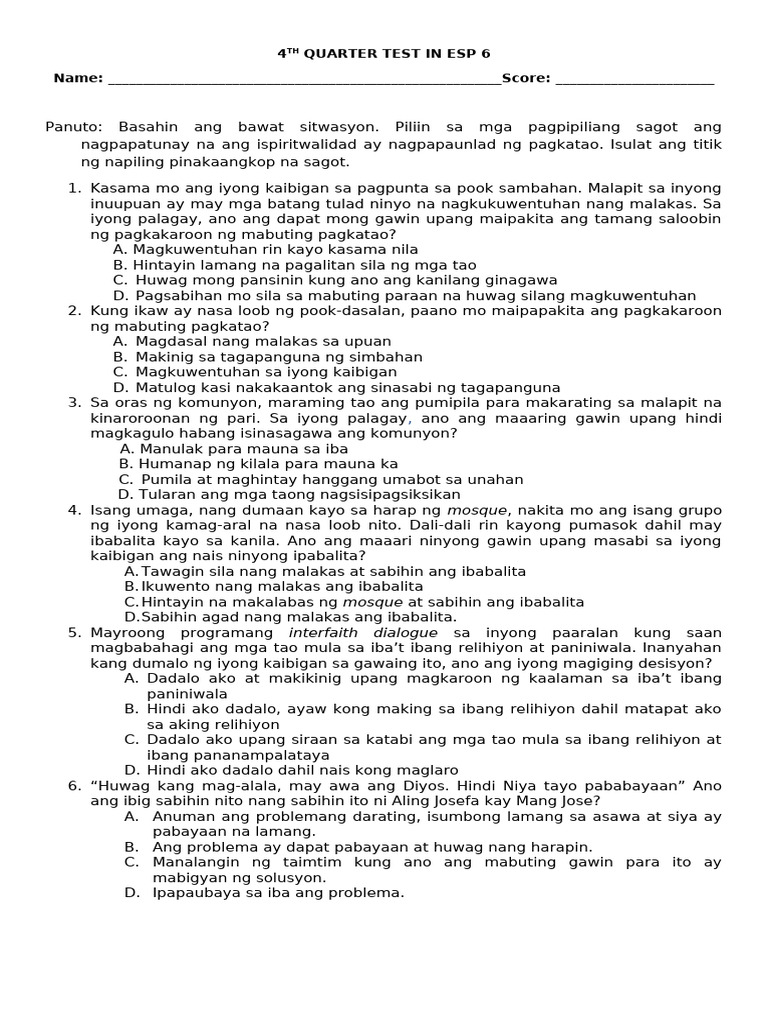 4th QUARTER TEST IN ESP6 | PDF
