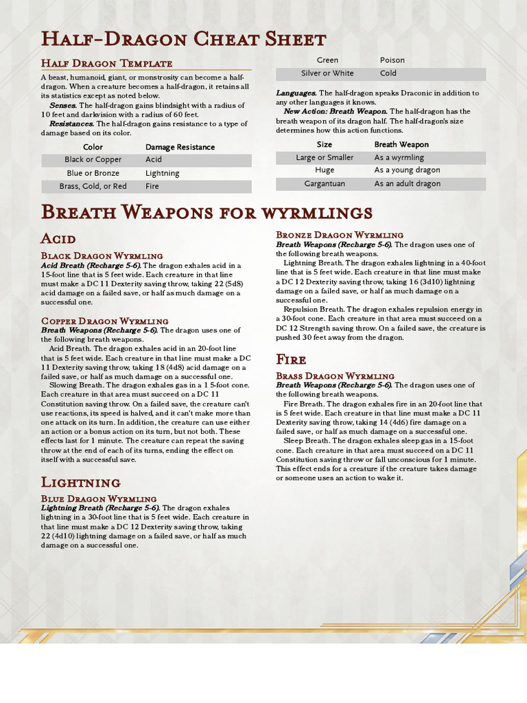 1.Race - Half-Dragon Cheat Sheet - The Homebrewery | PDF