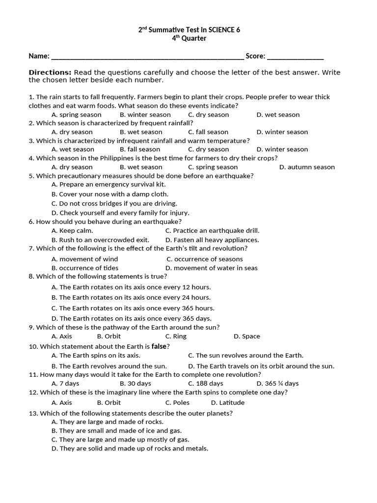 Science 6: 2nd Summative Test Guide | PDF | Planets | Earth
