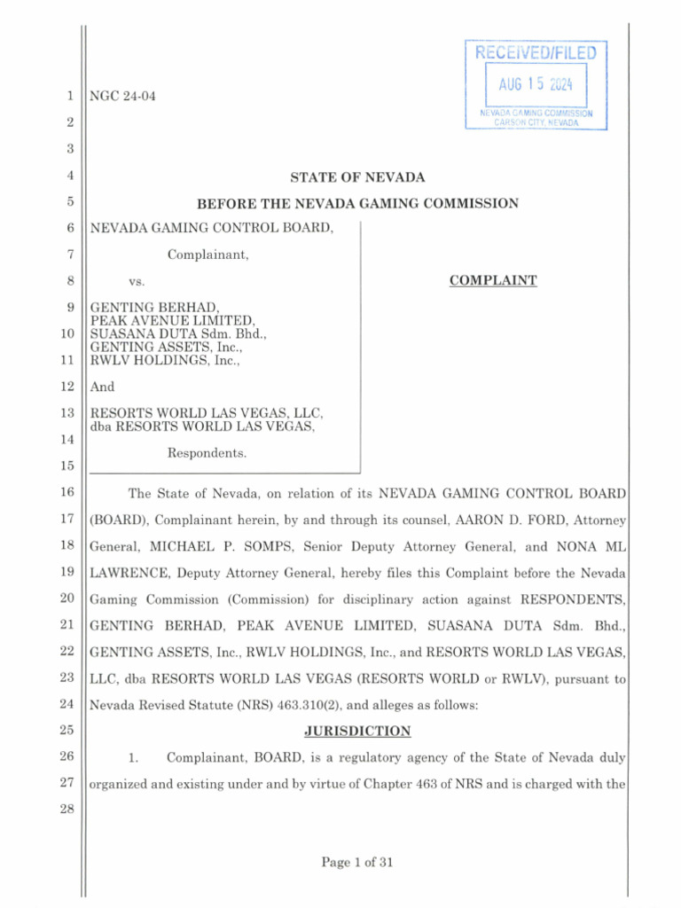 Nevada Gaming Control Board Resorts World Complaint | PDF