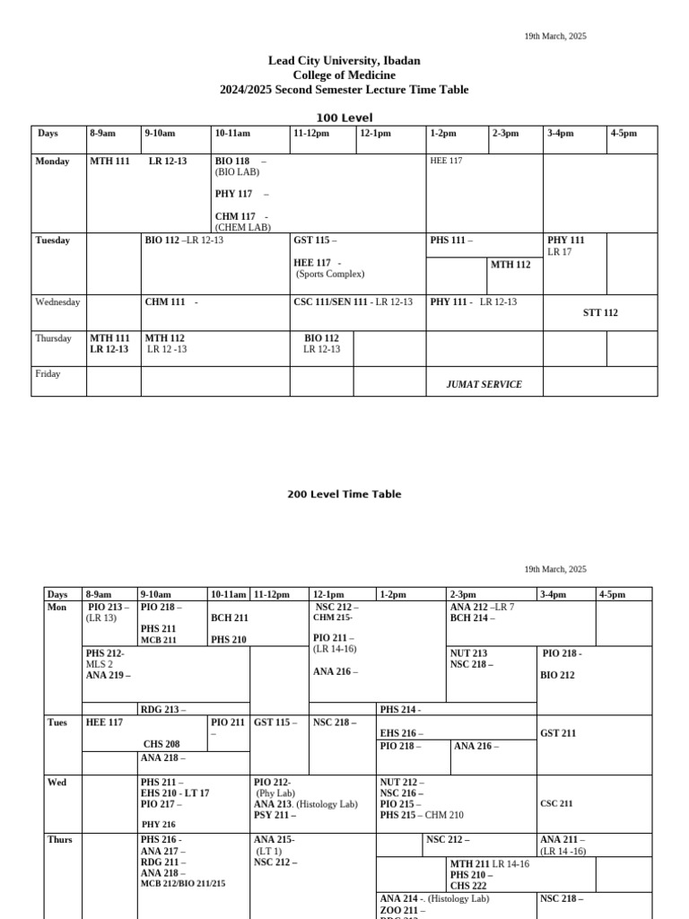 2nd - SEMESTER - LECTURE - TIME - TABLE - 2024-2025 AS AT 19-03-2025 | PDF | Therapy