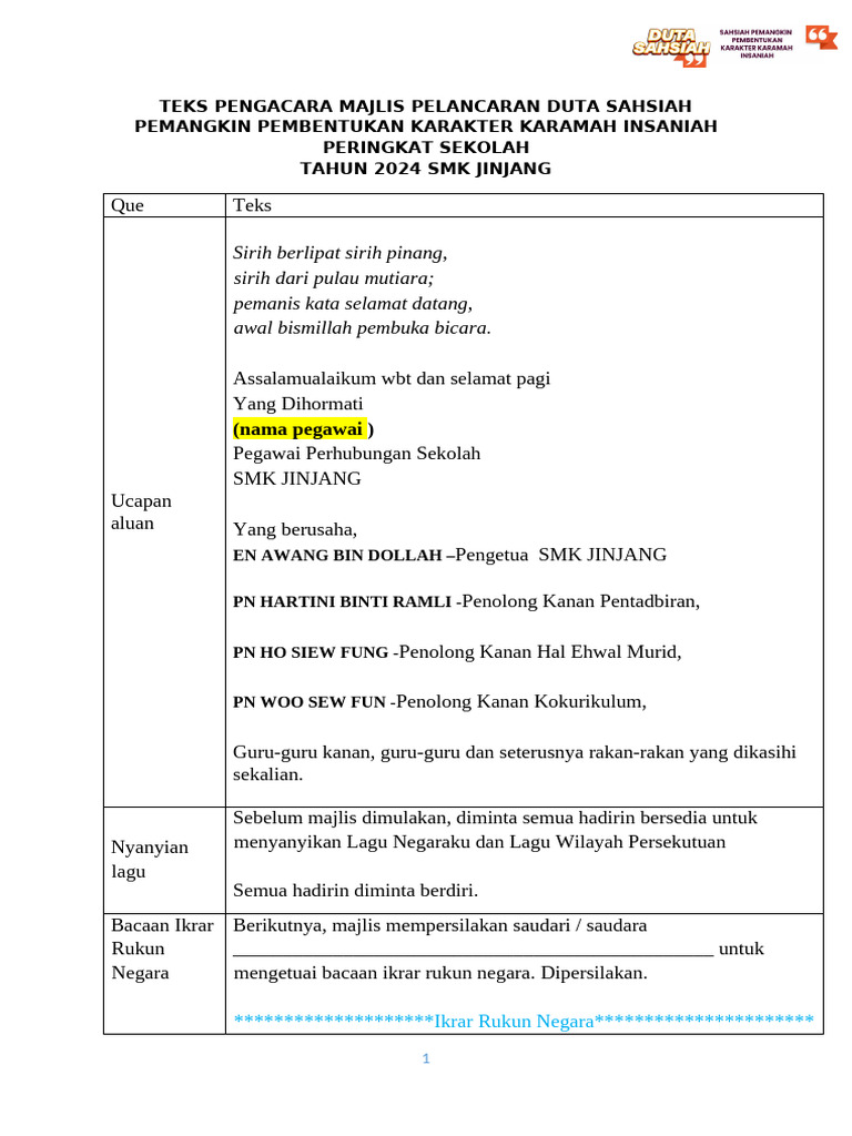 Pelancaran Duta Sahsiah 2024 SMK Jinjang | PDF