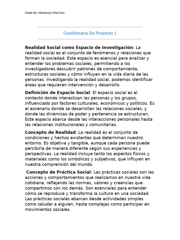 Cuestionario De Proyecto 1 examen | PDF | Sociedad | Realidad