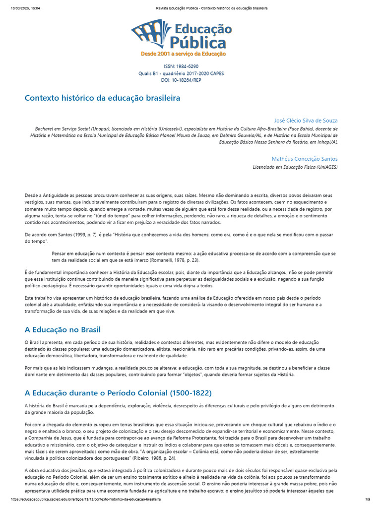 Revista Educação Pública - Contexto Histórico Da Educação Brasileira ...