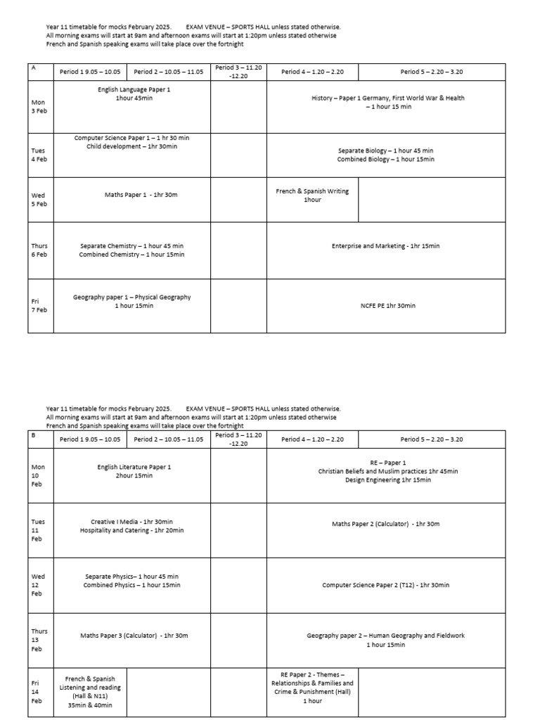 Mock Examination Timetable February 2025 | PDF | Science
