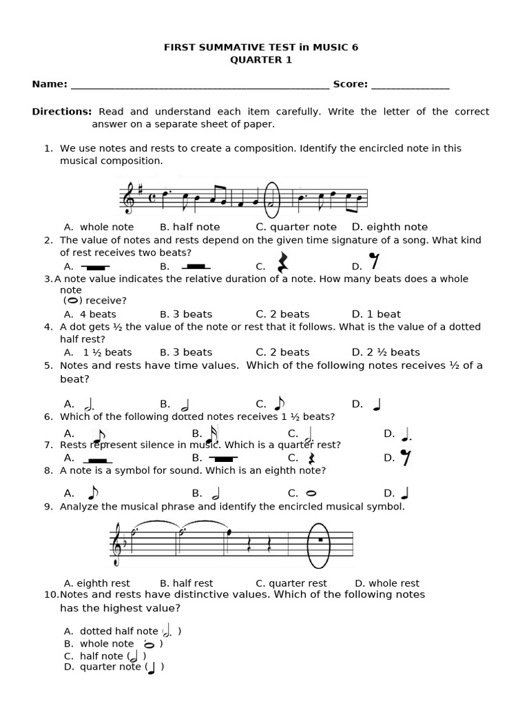 FIRST SUMMATIVE TEST in MUSIC 6 Q1 2024 | PDF | Musical Notation ...