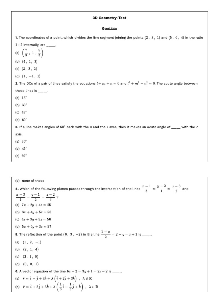 3D Geometry Test Questions and Answers | PDF | Line (Geometry ...