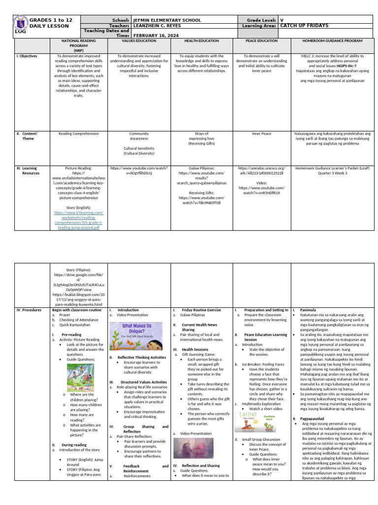 DLL Catch Up Friday Feb 16 | PDF | Reading Comprehension | Learning