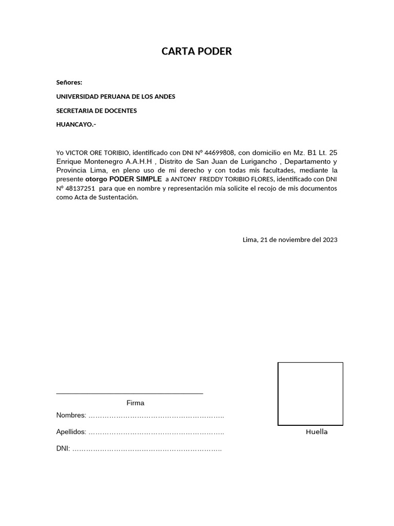 Carta Poder para Recojo de Documentos | PDF