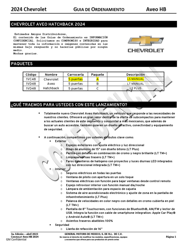 Chevrolet Aveo HB 2024 | PDF | Tecnología de vehículos | Estilos de ...