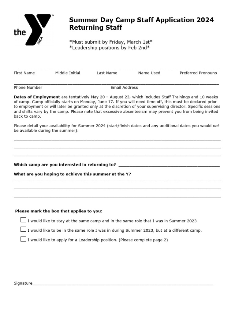 Summer 2024 Camp Staff Application Form | PDF