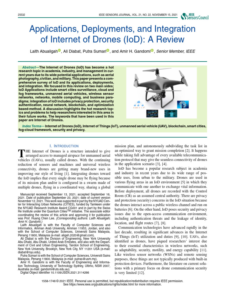 Applications Deployments and Integration of Internet of Drones IoD A Review | PDF | Unmanned ...