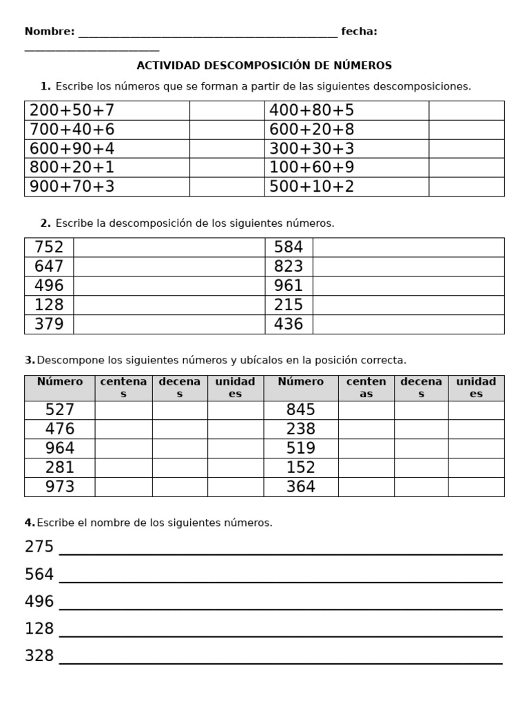 4. ACTIVIDAD DESCOMPOSICIÓN DE NÚMEROS | PDF