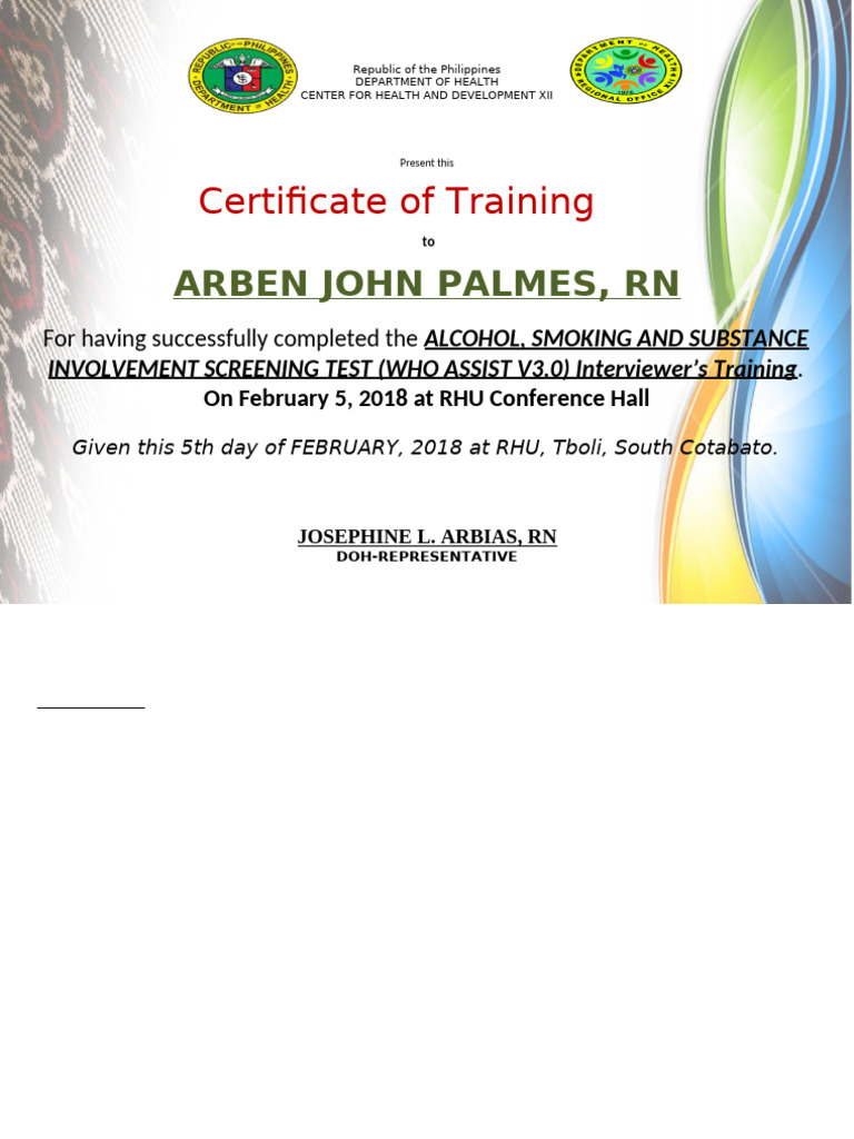 Certificate of Completion for WHO ASSIST Training | PDF
