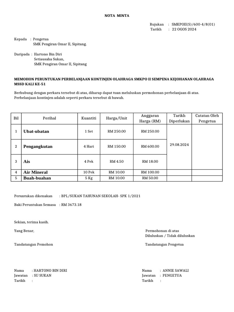 Nota Minta Panitia OLAHRAGA | PDF