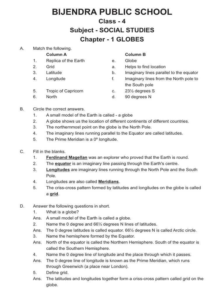Class 4 Subject Social Studies Chapter 1 Globes | PDF | Latitude | Equator