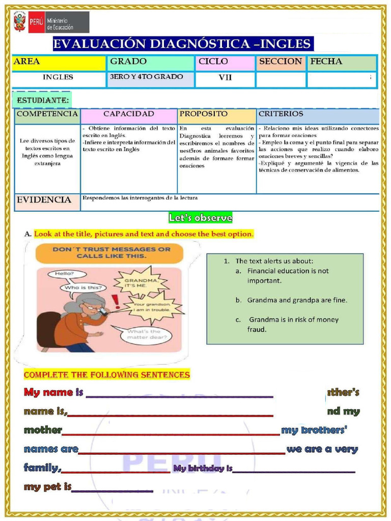 Evaluacion Diagnostica - 3ero y 4to Grado-Ingles | PDF