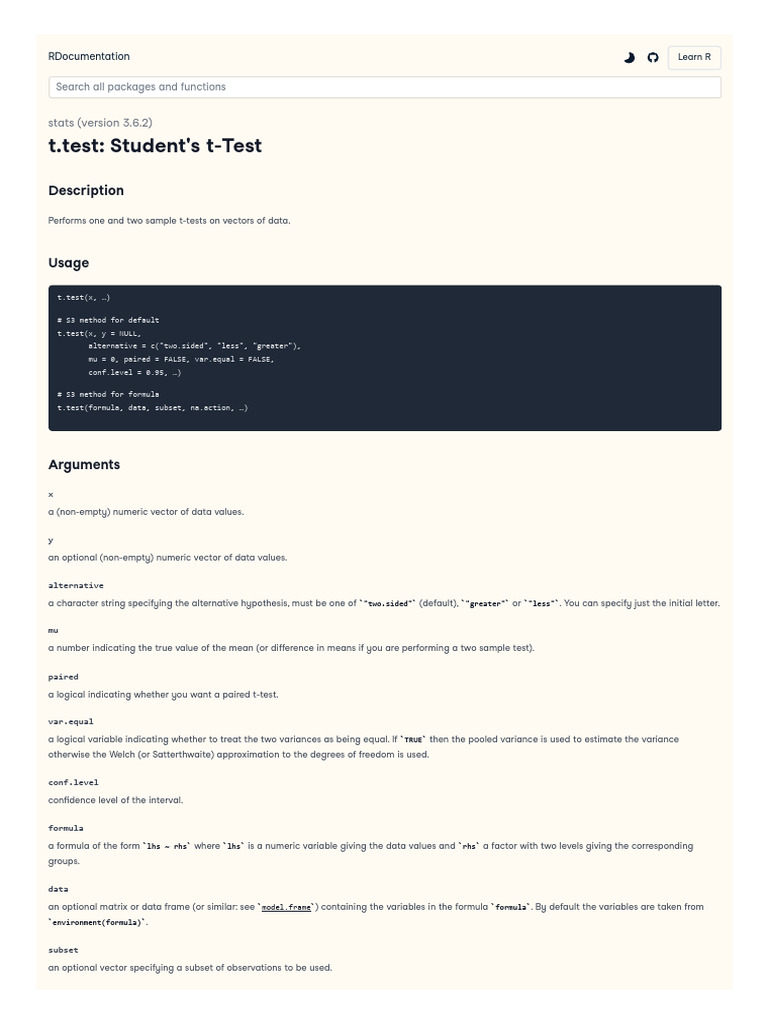 Student's t-Test Function in R | PDF | Student's T Test | Variance