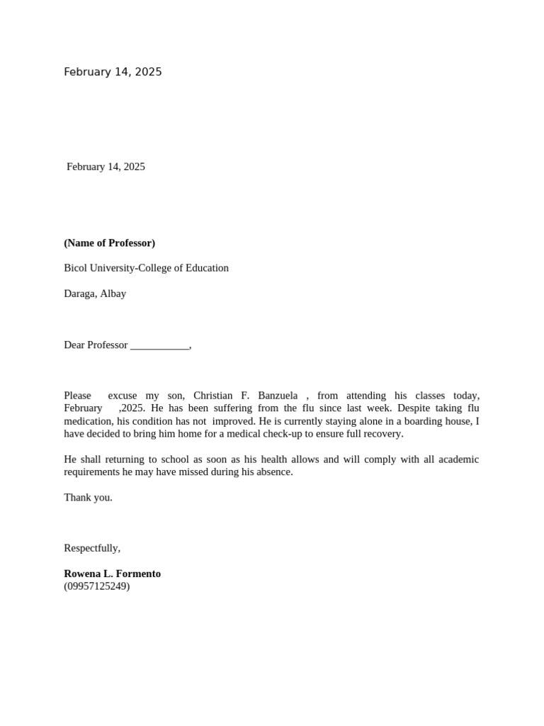 Excuse Letter for Sick Student | PDF