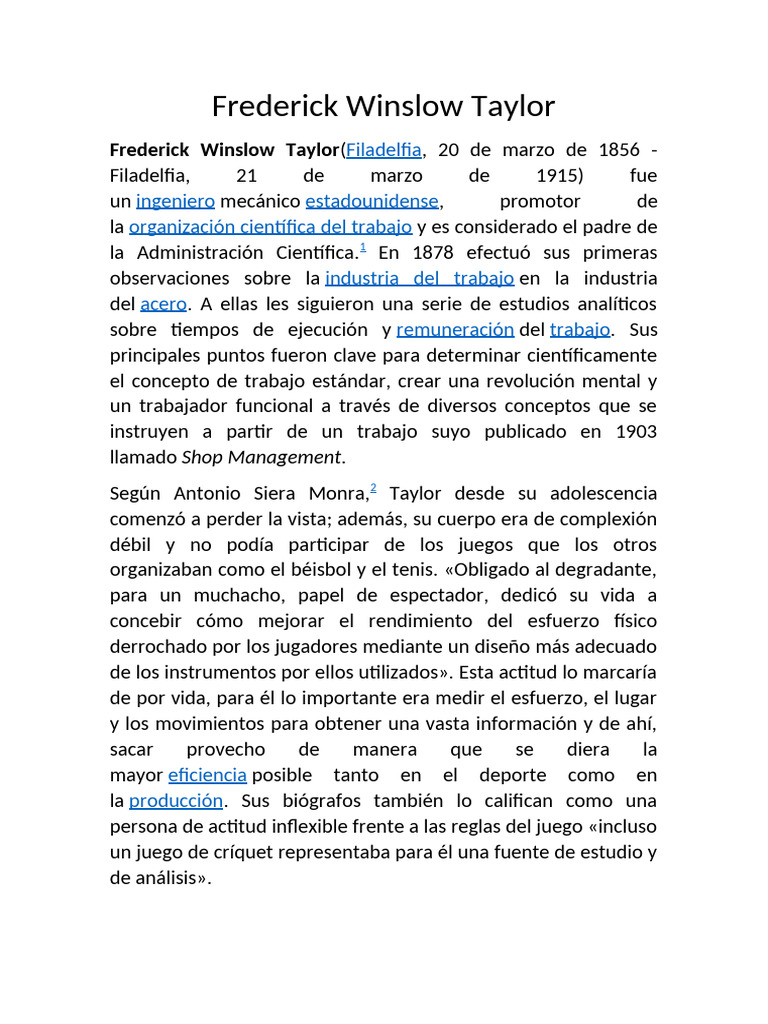 Legado de Frederick W. Taylor en Administración | PDF