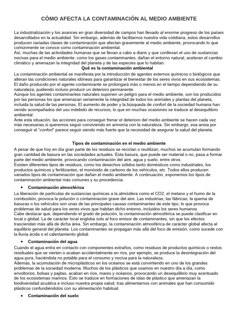 Cómo Afecta La Contaminación Al Medio Ambiente | PDF | Contaminación ...