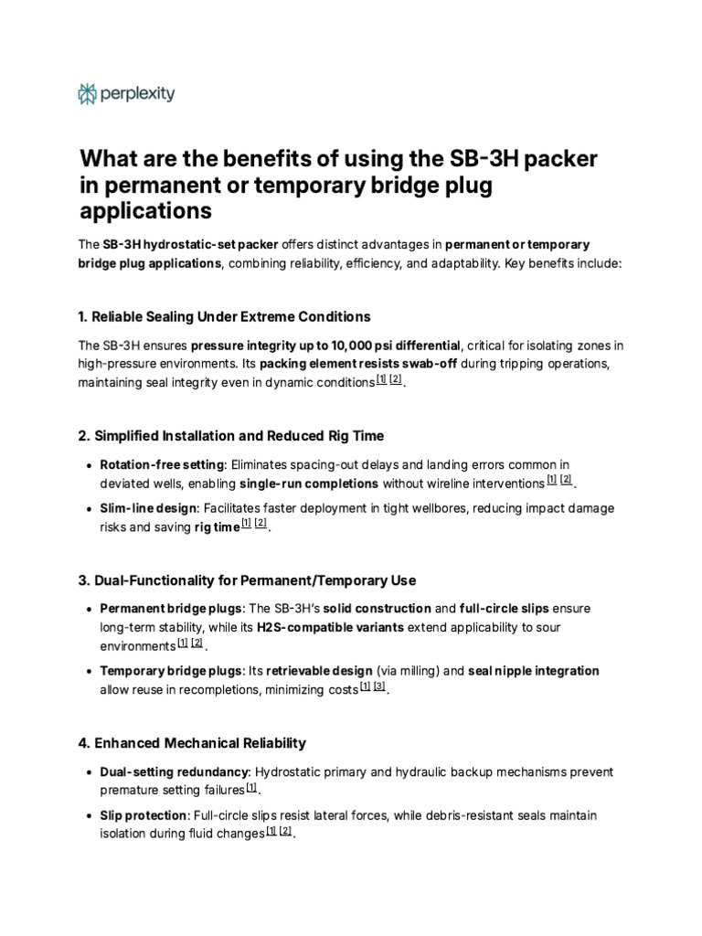 SB-3H Packer Benefits for Bridge Plugs | PDF | Reliability Engineering ...