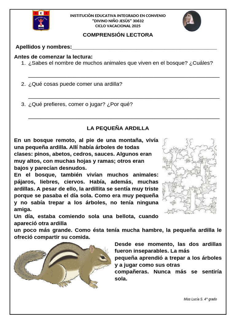 Comprensión Lectora: La Pequeña Ardilla | PDF