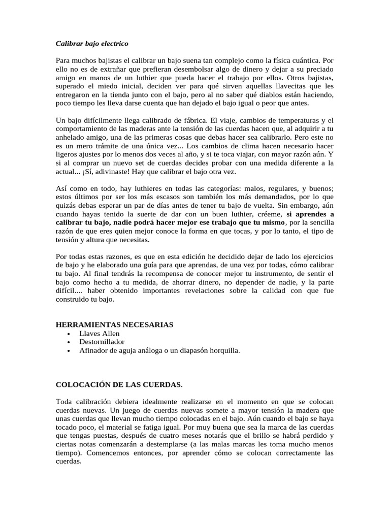 Guía para Calibrar un Bajo Eléctrico | PDF | Bajo | Tornillo