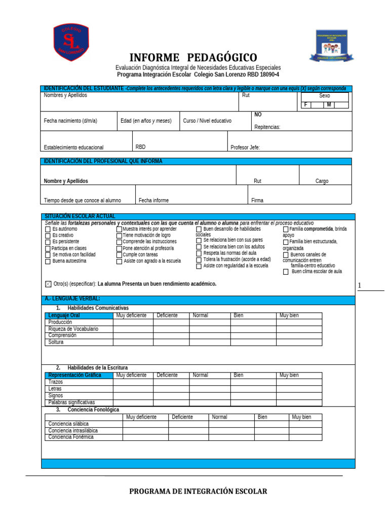 Informe Pedagógico de Evaluación Integral | PDF | Escuelas | Salón de ...