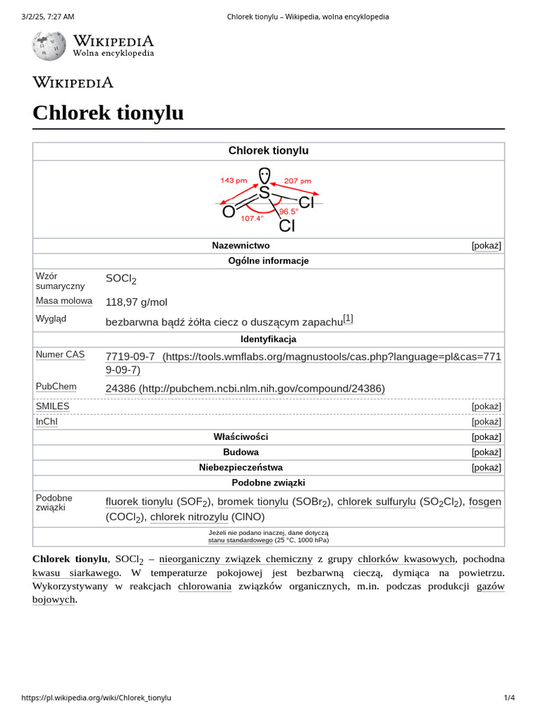 Chlorek Tionylu - Wikipedia, Wolna Encyklopedia | PDF