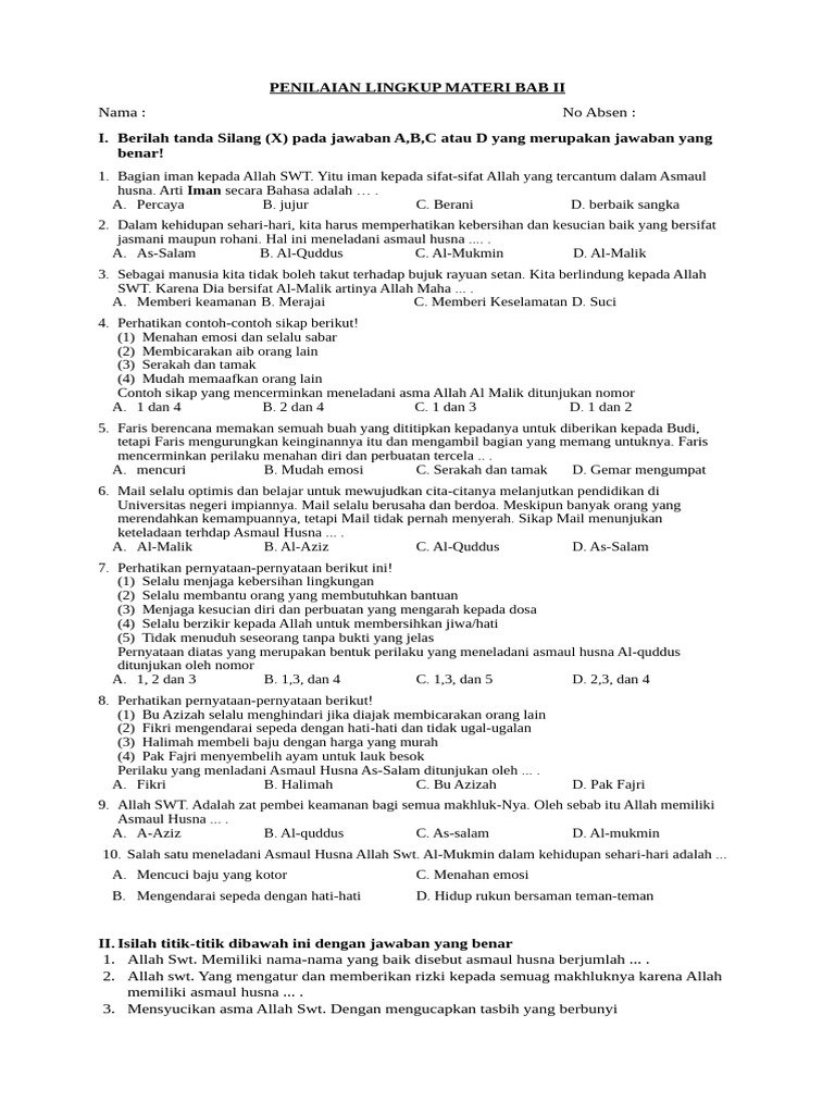 PENILAIAN LINGKUP MATERI BAB II Kelas 4 | PDF
