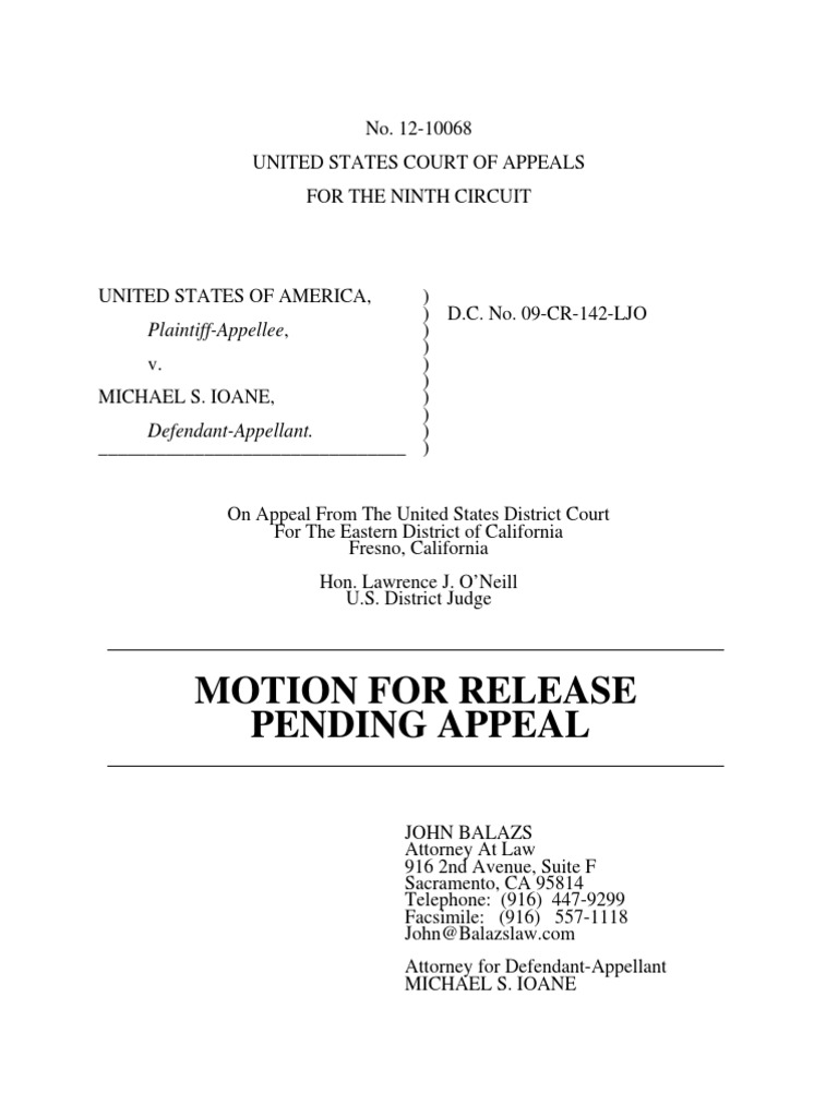 Motion For Bail Pending Appeal 9th Final | PDF | Continuance | Speedy Trial Act