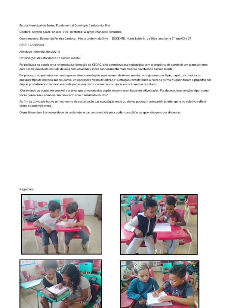Relatório Do Cálculo Mental Cedac | PDF | Cálculo