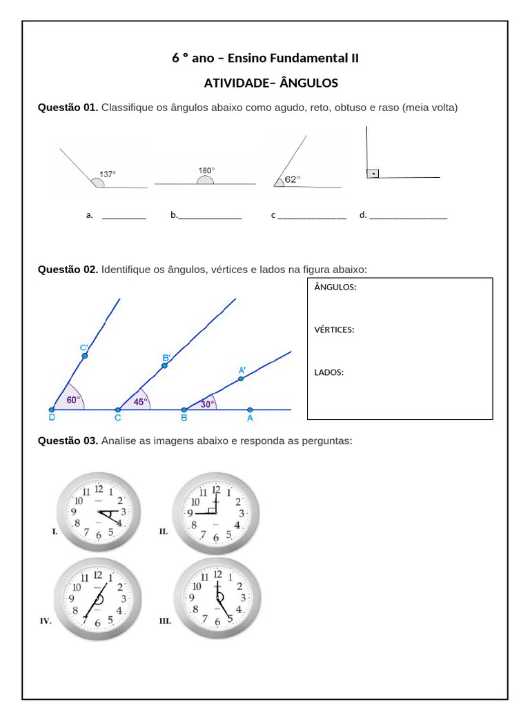 Atividade Angulos 6 Ano | PDF
