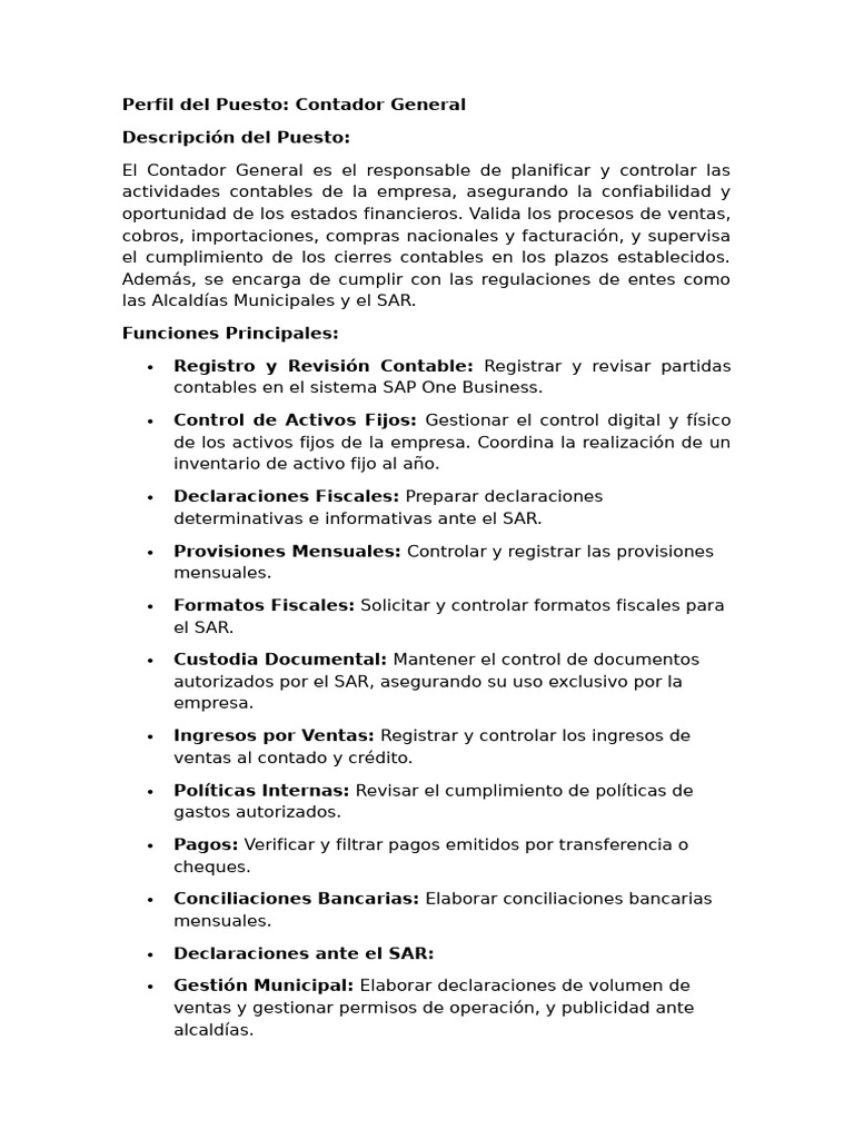 Perfil del Puesto: Contador General | PDF | Contabilidad | Estado ...