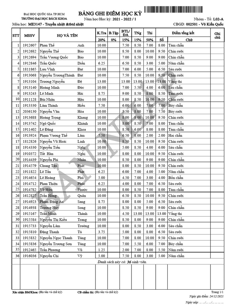 BangGhiDiem 20211.ME3147.L02 | PDF